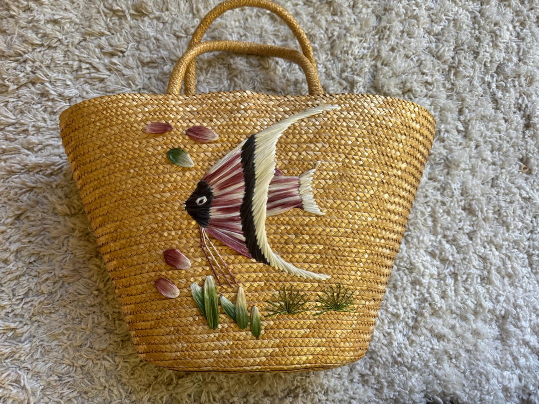 Vintage Boho Tropical Ocean Fish Rattan Straw Bag Beach Bag Woven Purse ...