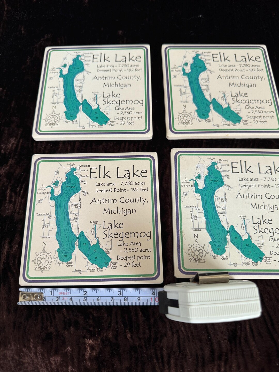ELK LAKE Michigan Set 4 Ceramic Lake Map Coasters Lake Skegemog Antrim ...