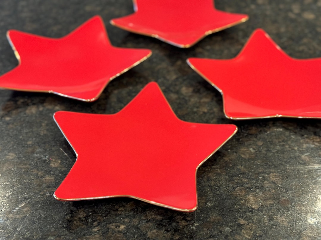 Williams Sonoma RED STAR DESSERT Plate Gold Trim Set 4 - New in Gift ...