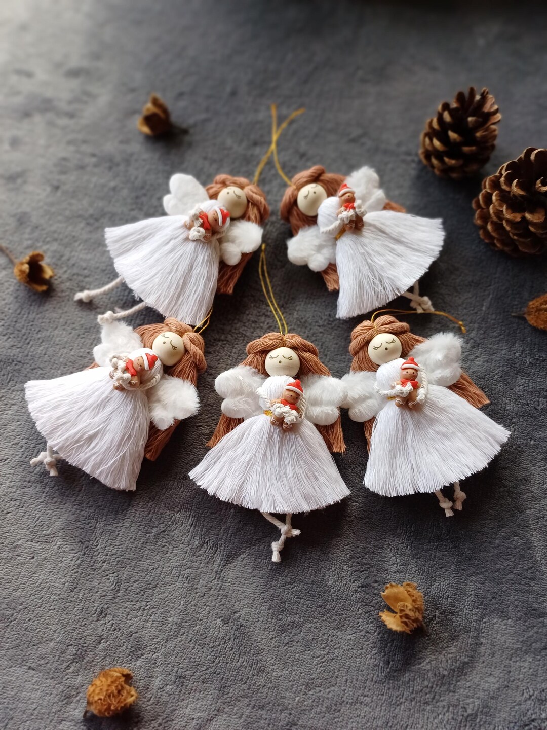Christmas Angel With Gingerbread Man, Macrame Angel Set of 5, Handmade ...