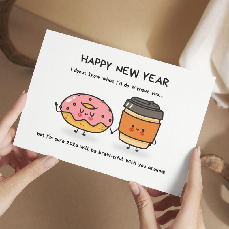 Funny Donut Coffee New Year Card, Pun Greeting Card (PDF). - Etsy