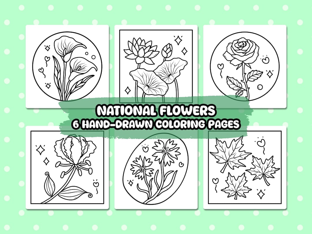 National Flowers of the World (pack B) | 6 Kawaii Hand-drawn Coloring ...