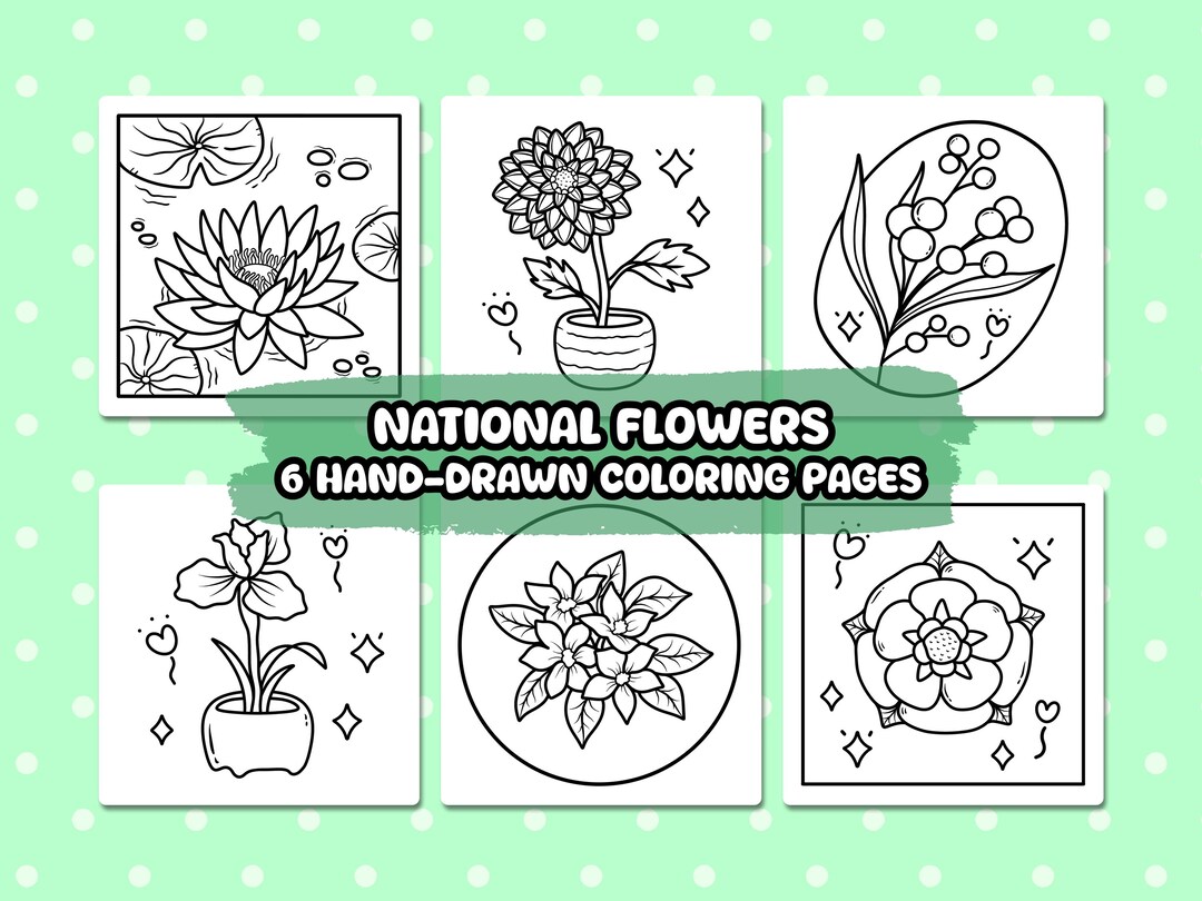 National Flowers of the World (pack A) | 6 Kawaii Hand-drawn Coloring ...