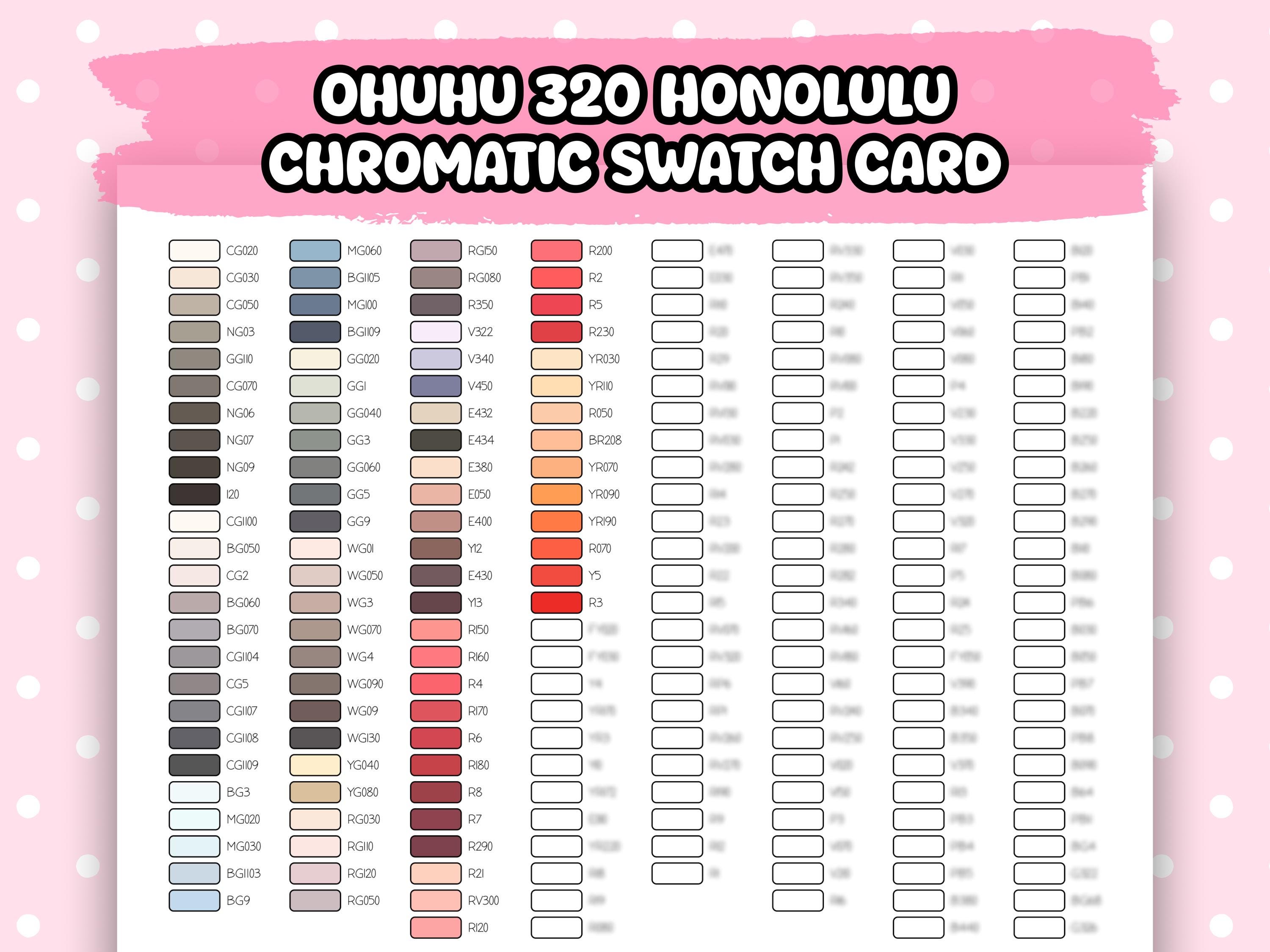 Printable Ohuhu 320 Honolulu Marker Swatch Cards | Chromatic Guide ...