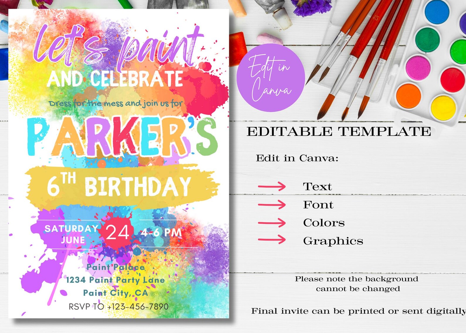 Editable Let's Paint & Celebrate Birthday Invitation, Paint Party ...
