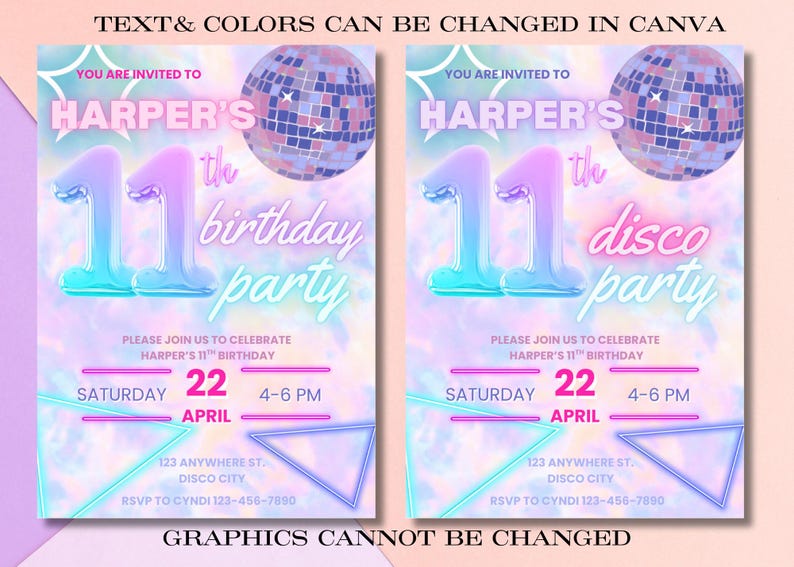 Editable 11th Disco Birthday Party Invitation, Disco Party, Birthday ...