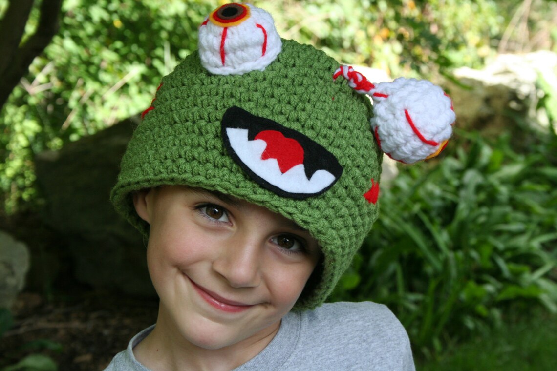 Green Zombie Hat - Handmade Crocheted Hat With Dangling Eye You Pick ...
