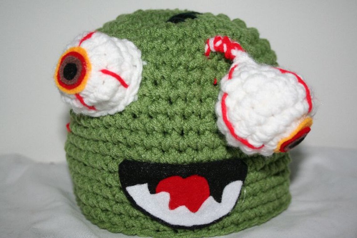 Green Zombie Hat - Handmade Crocheted Hat With Dangling Eye You Pick ...