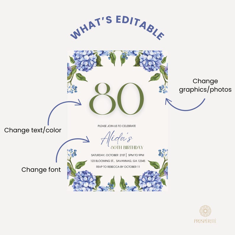 Floral 80th Birthday Invitation Template | Editable (digital Download ...
