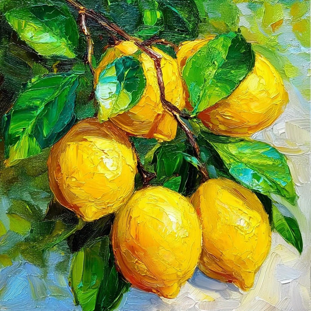 Lemon Oil Painting Original Art Impasto Citrus Branch Mediterranean ...