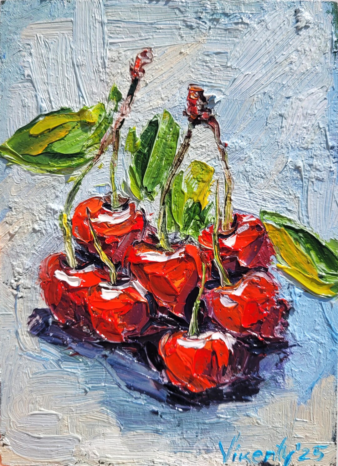 Cherry Oil Painting Impasto Original Fruit Art Kitchen Still Life Wall ...