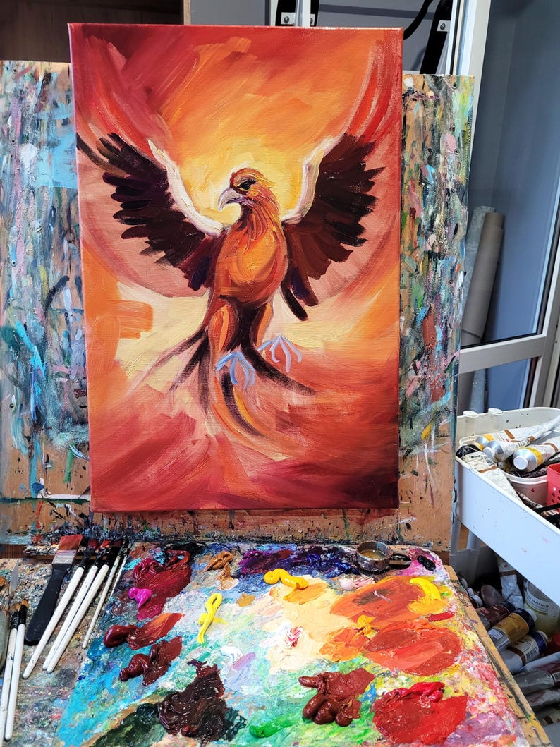 Phoenix Oil Painting Canvas Original Art Spiritual Fire Bird Animal Art ...