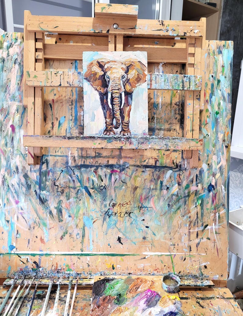 Elephant Oil Painting African Animal Original Art 6x8 Impasto Artwork ...