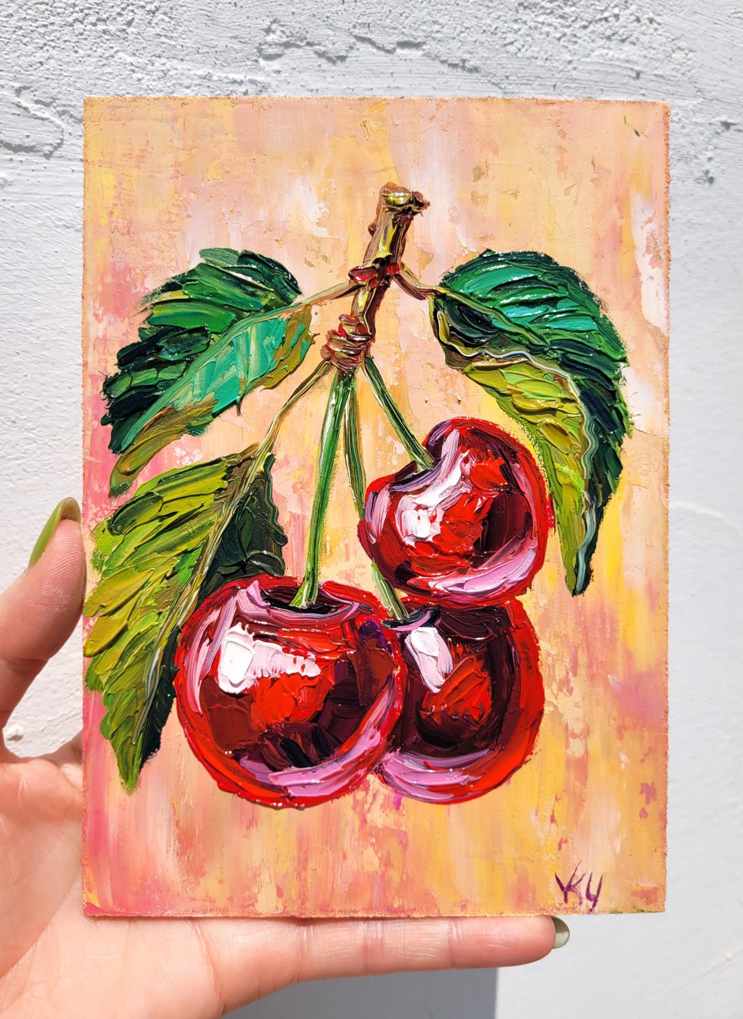 Cherry Oil Painting Original Art Impasto Fruit Still Life Small Kitchen ...