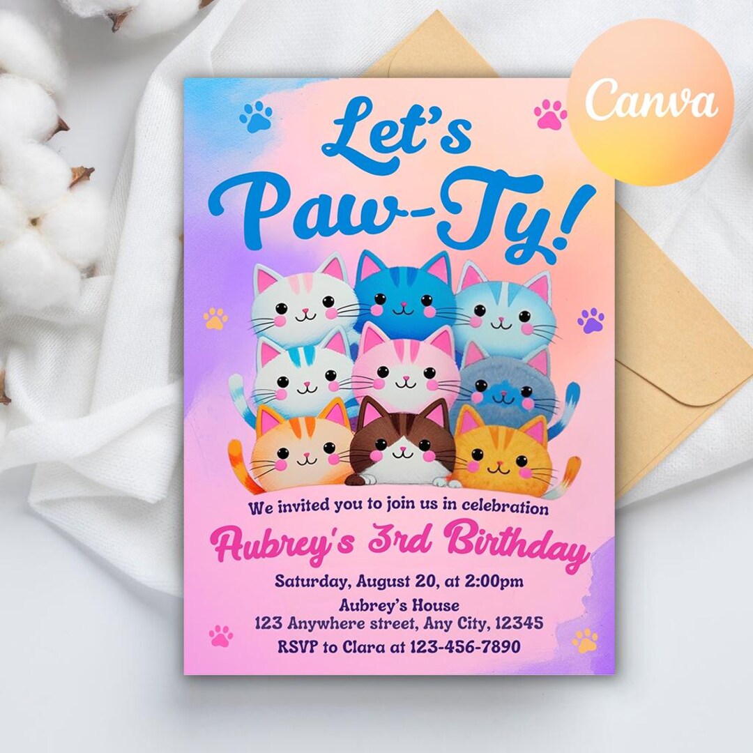 Cat Themed Birthday Invitation, Cat Party Invite, Cat Birthday ...