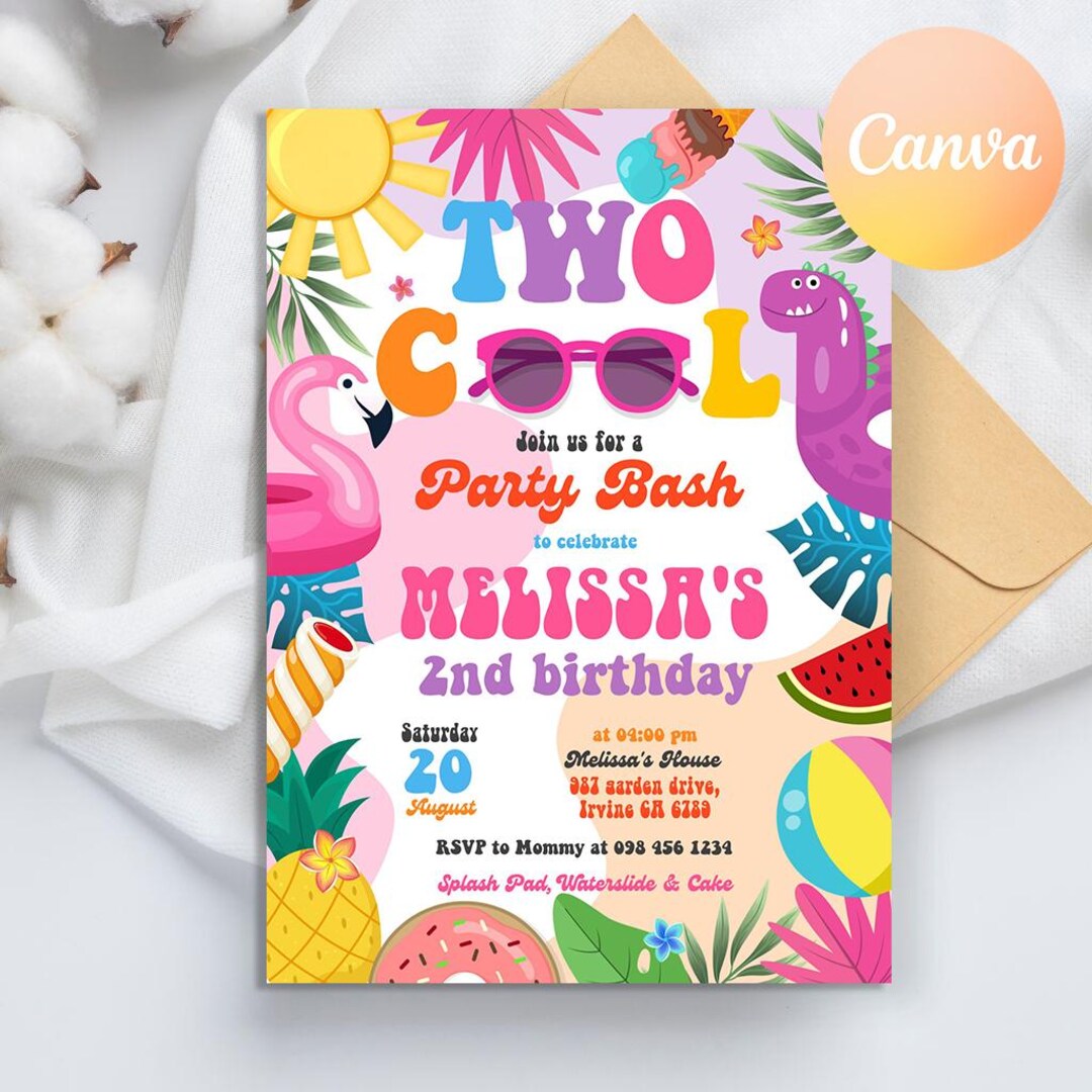 Two Cool Birthday Party Invitation, Tropical Pool Party Invitation ...