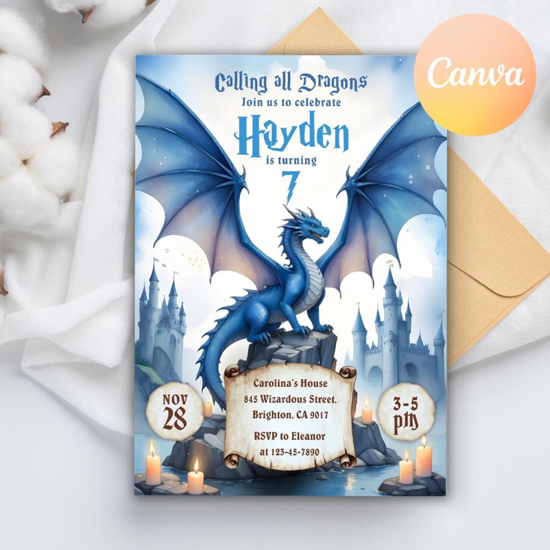 Fantasy Dragon Birthday Invitation Template, Boy Dragon Birthday Party ...