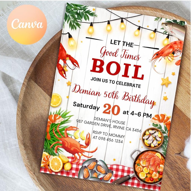 Editable Crawfish Boil Invite, Seafood Birthday Party Invitation ...