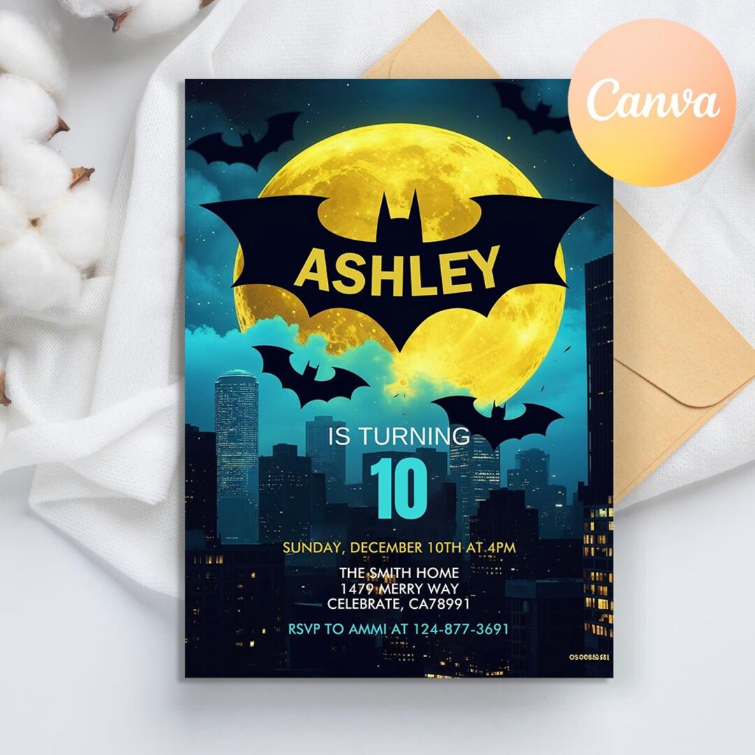 Editable Superhero Invitation Template, Bat Party Invitation, Bat Guy ...