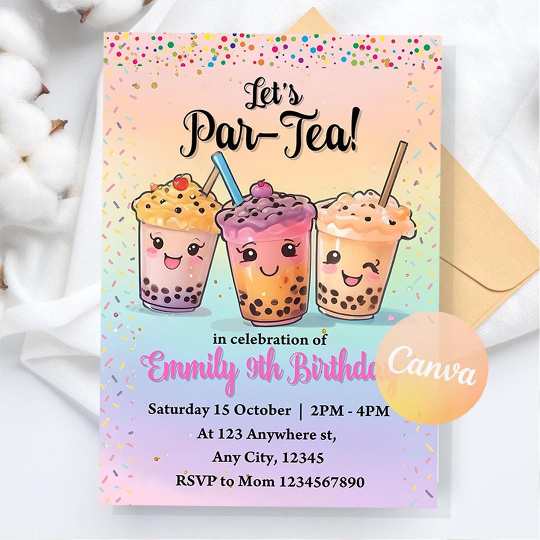 Boba Tea Birthday Party Invitation, Bubble Tea Theme Invite, Girls Par ...