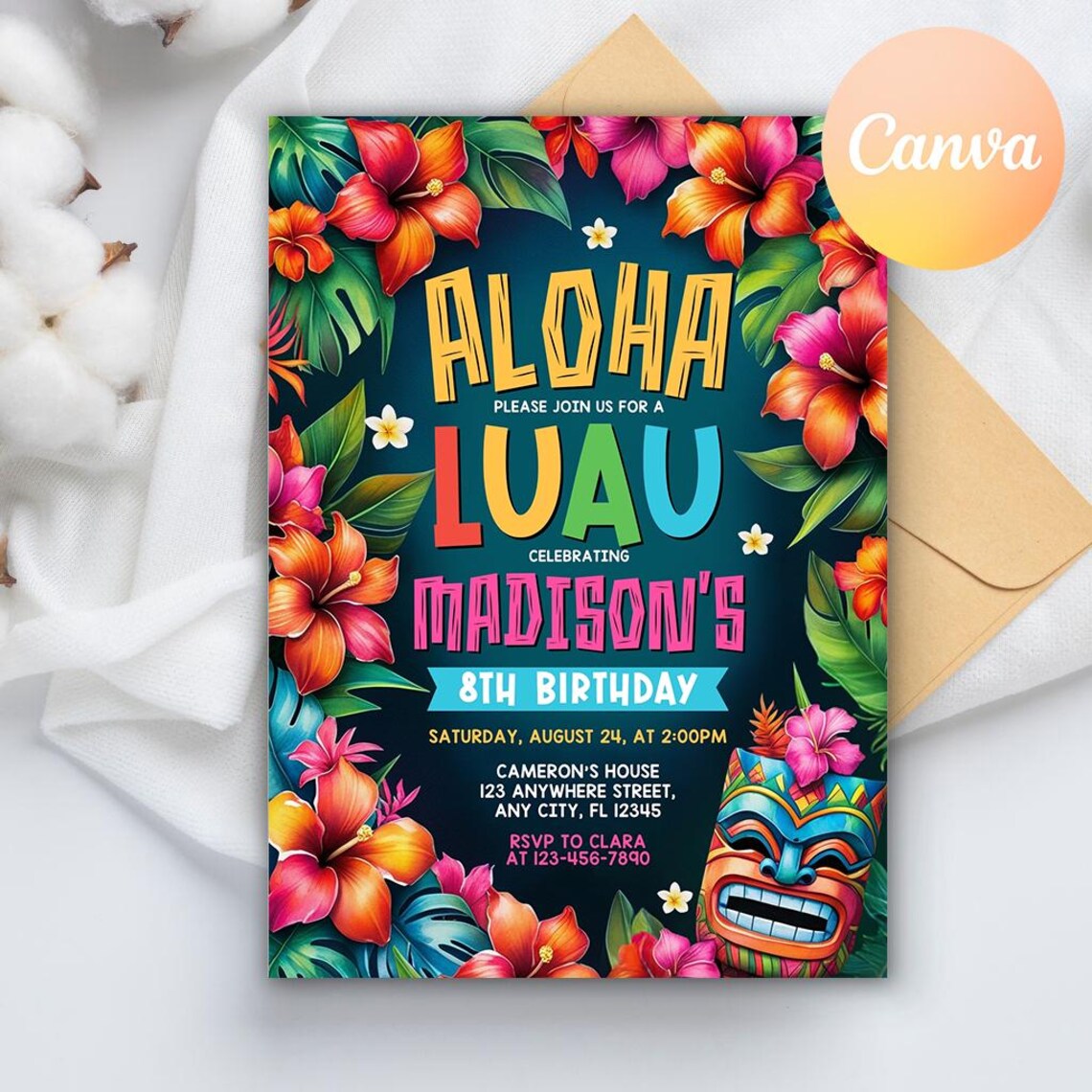Aloha Tropical Party Invitation, Luau Birthday Invitation, Hawaiian ...