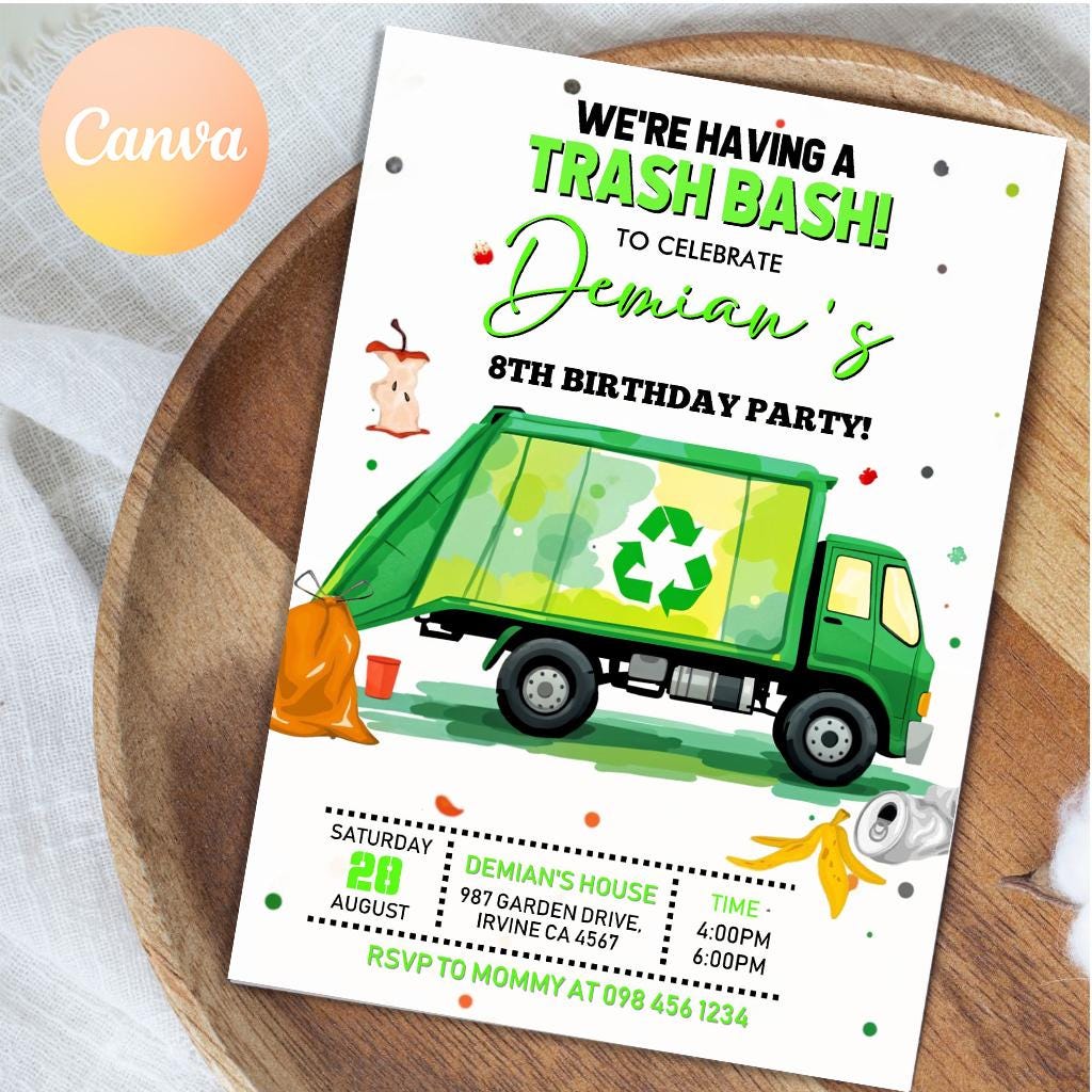 Editable Garbage Truck Birthday Invitation, Trash Bash Birthday ...