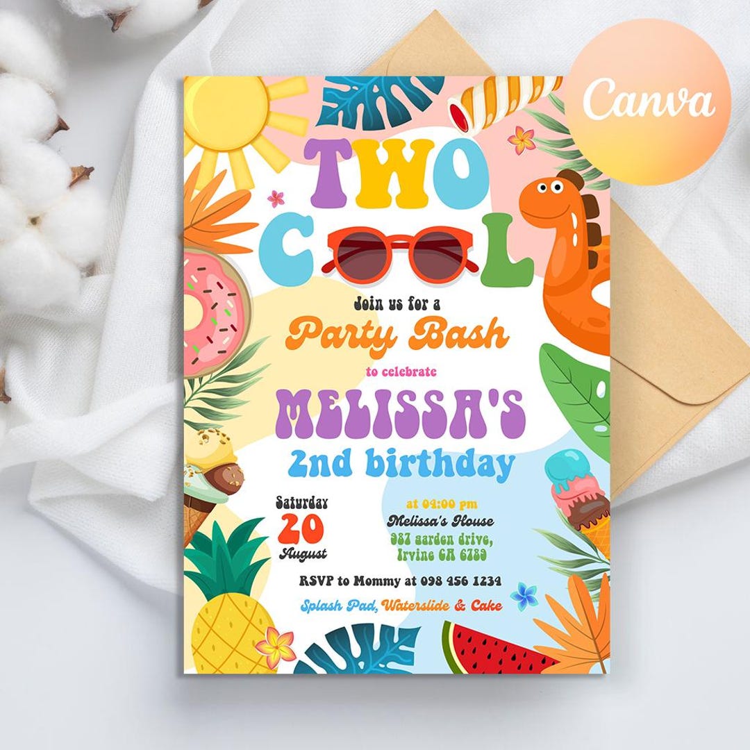 Two Cool Birthday Party Invitation, Tropical Pool Party Invitation ...