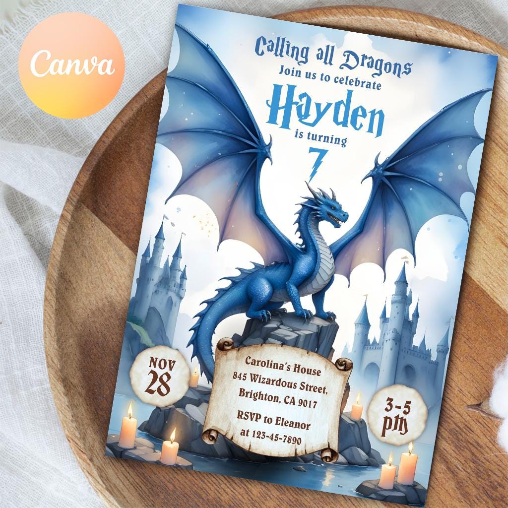Fantasy Dragon Birthday Invitation Template, Boy Dragon Birthday Party ...