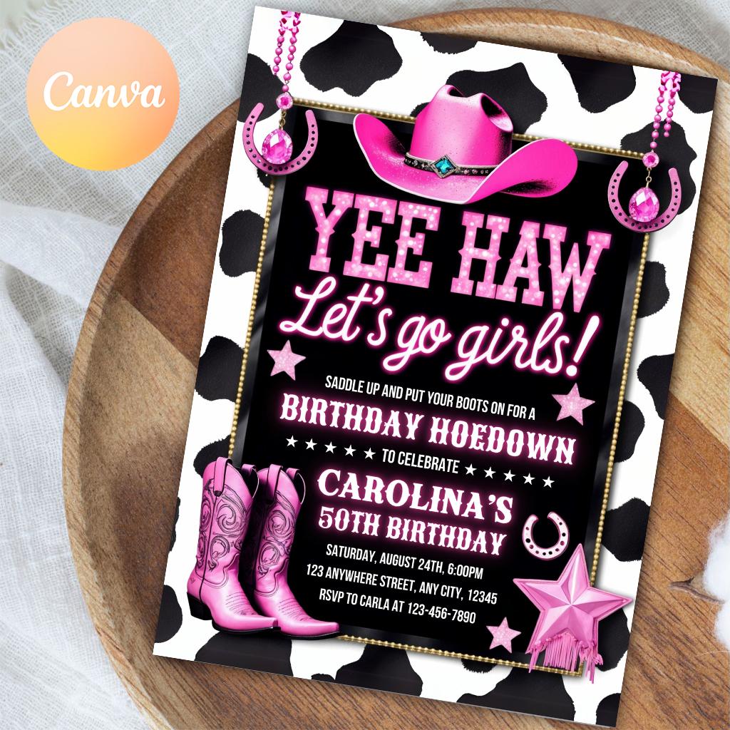 Editable Pink Disco Cowgirl Hoedown Birthday Party Invitation ...