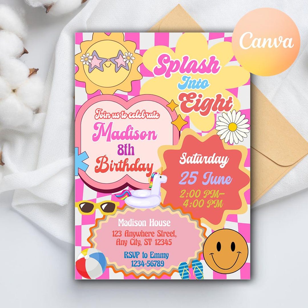 Editable Splash Into Eight Pool Party Invitation, Groovy 8th Birthday ...