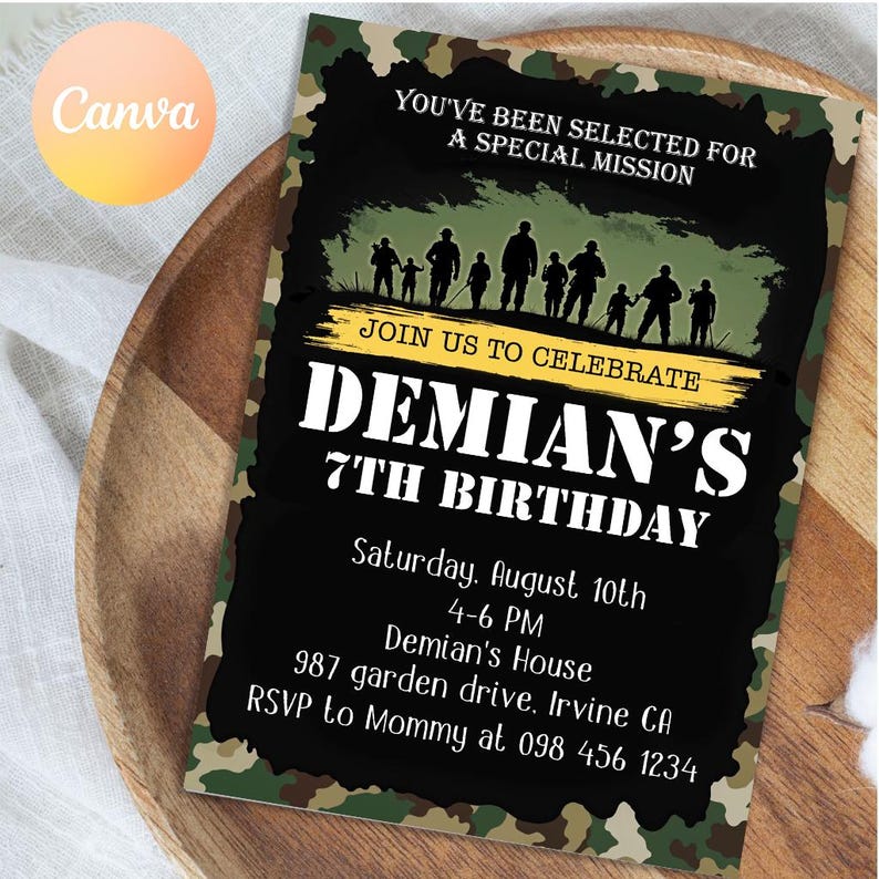 Army Birthday Invitation, Military Party Invitations, Soldier Birthday ...