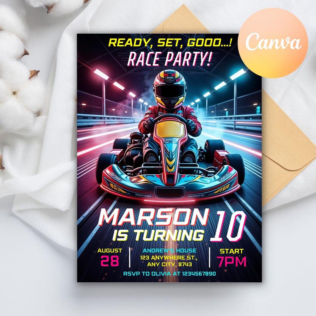 Go Kart Birthday Invitation, Go Kart Party Invite, Karting Invitation ...