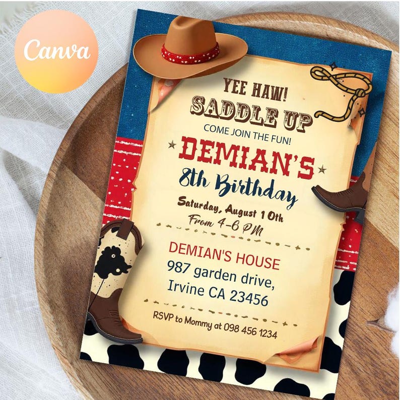 Cowboy Birthday Party Invitation, Cowboy Invitation, Rustic Wood ...