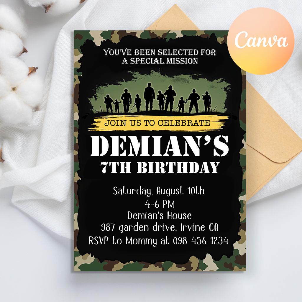 Army Birthday Invitation, Military Party Invitations, Soldier Birthday ...