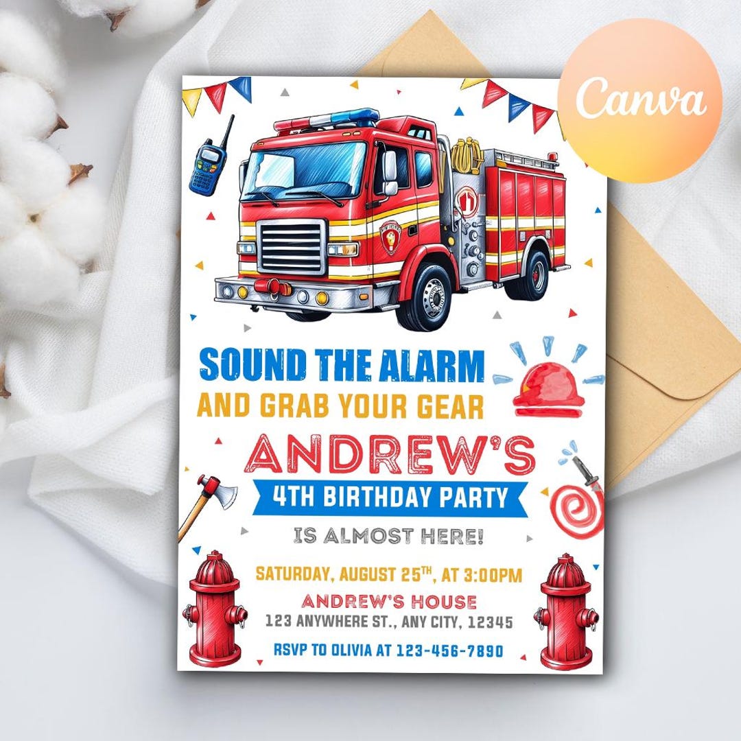 Editable Fire Truck Birthday Invitation Template, Firetruck Invitation ...