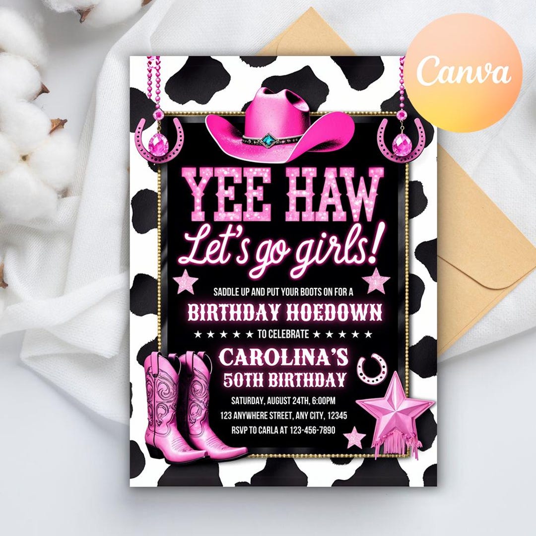 Editable Pink Disco Cowgirl Hoedown Birthday Party Invitation ...