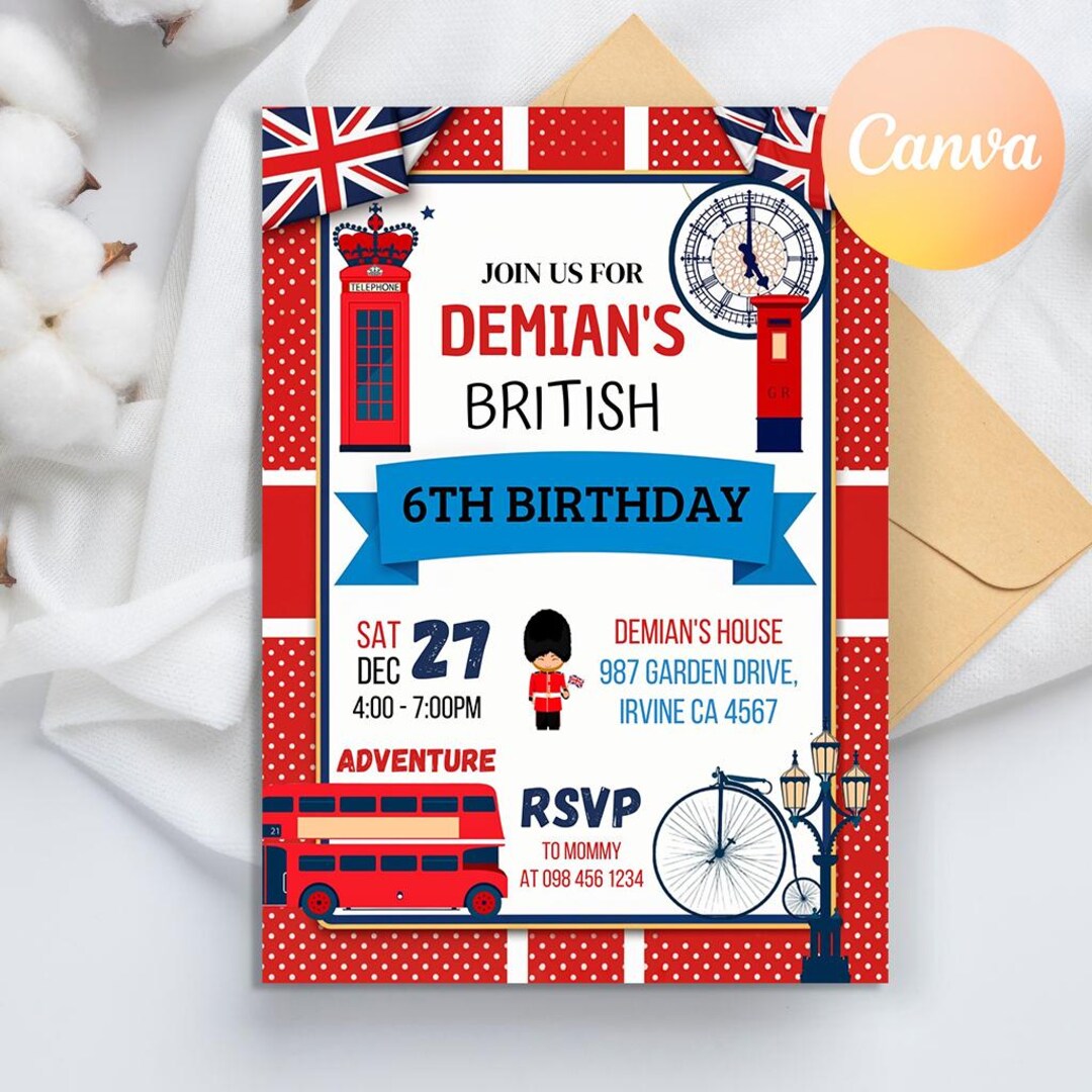 British Invitation, British Birthday Invitation, London Birthday ...