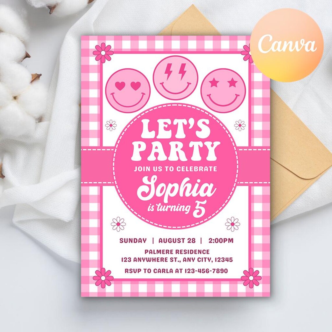 Pink Retro Smiley Invitation, Teen Girl Birthday Invite, Preppy Smile ...