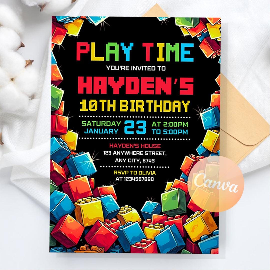 Building Blocks Birthday Invitation, Construction Theme Party Invite ...