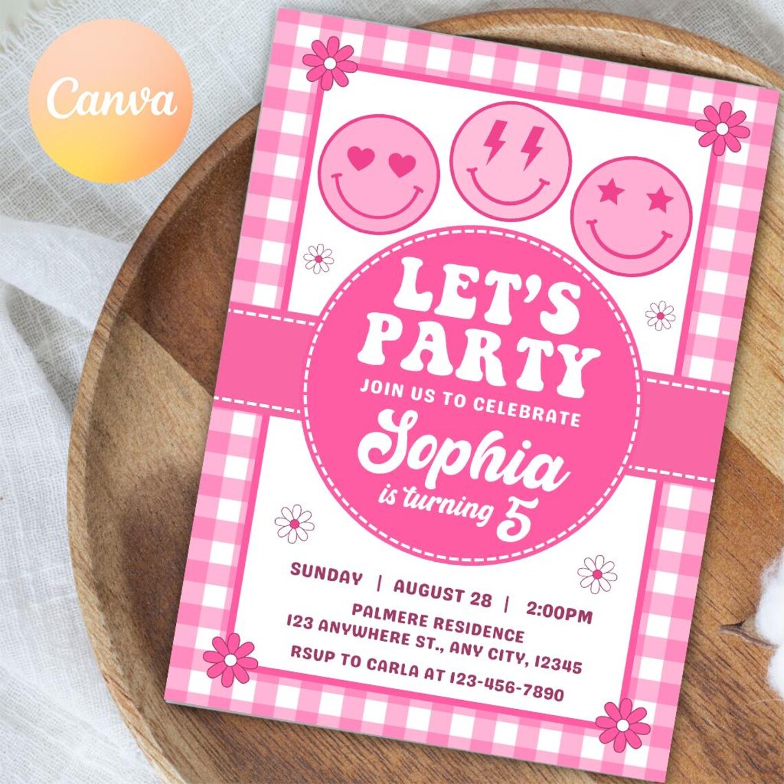 Pink Retro Smiley Invitation, Teen Girl Birthday Invite, Preppy Smile ...