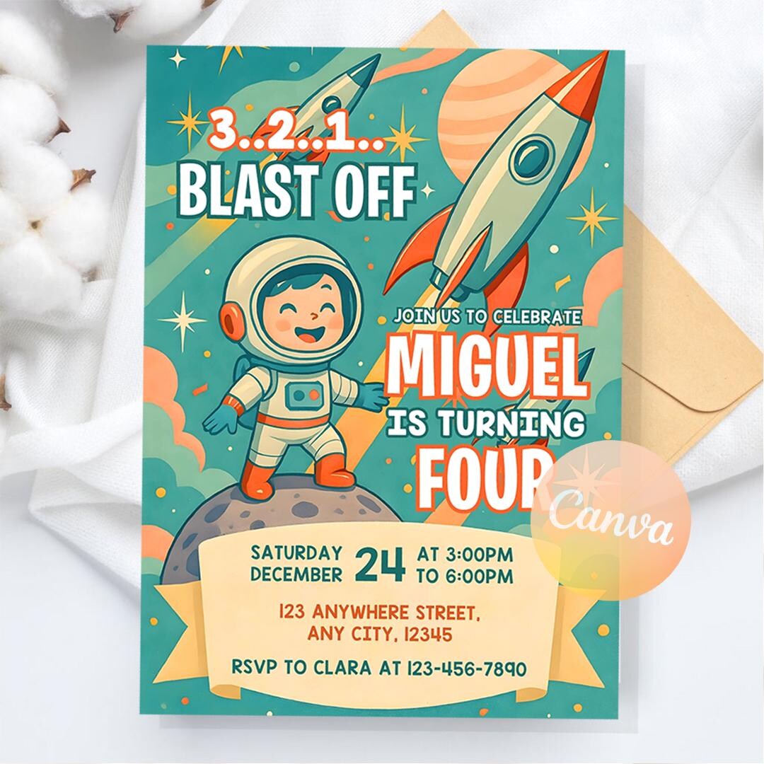 Space Birthday Invitation, Astronaut Outer Space Theme Invitation ...