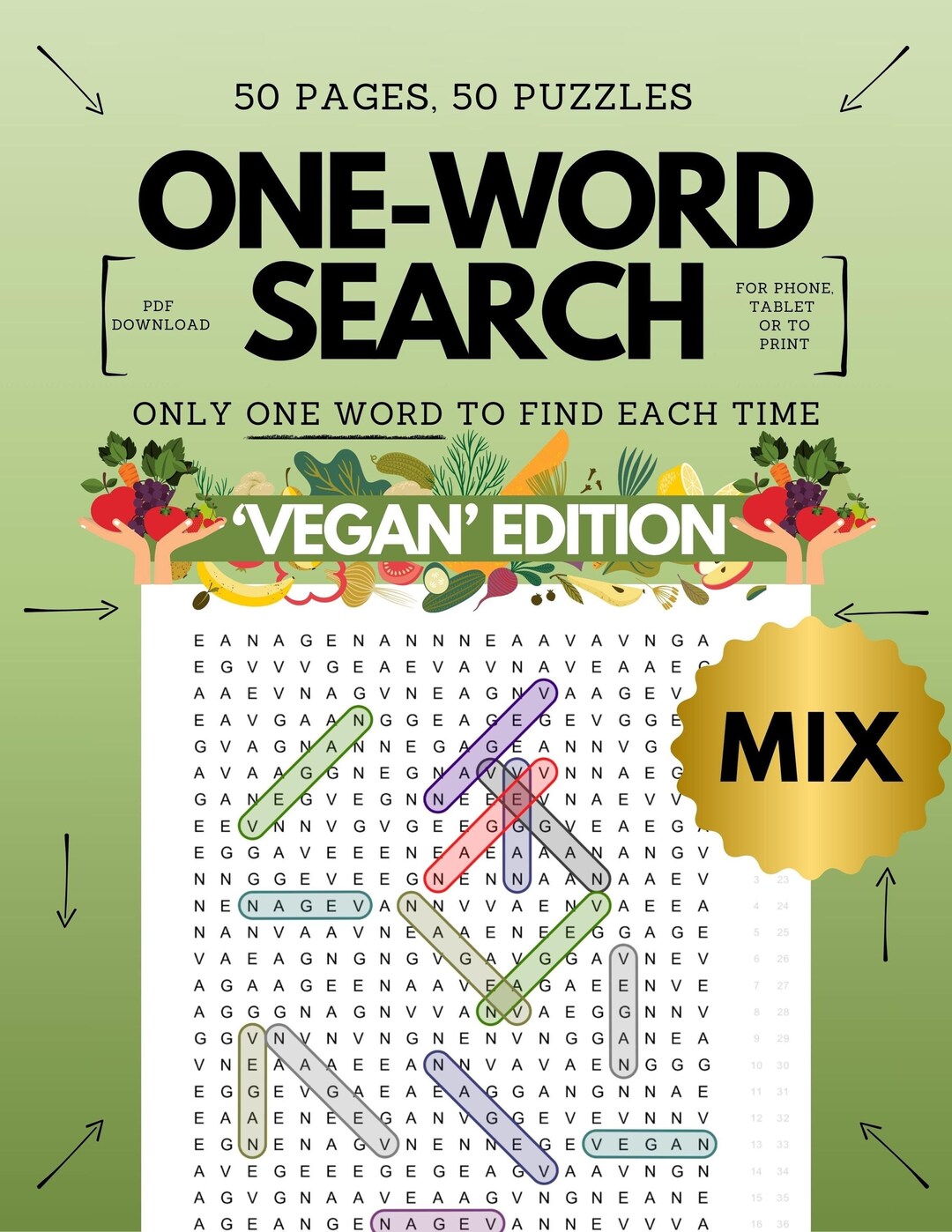 One-word Search Puzzle Book: VEGAN Mix Edition | 50 Puzzles | Digital ...