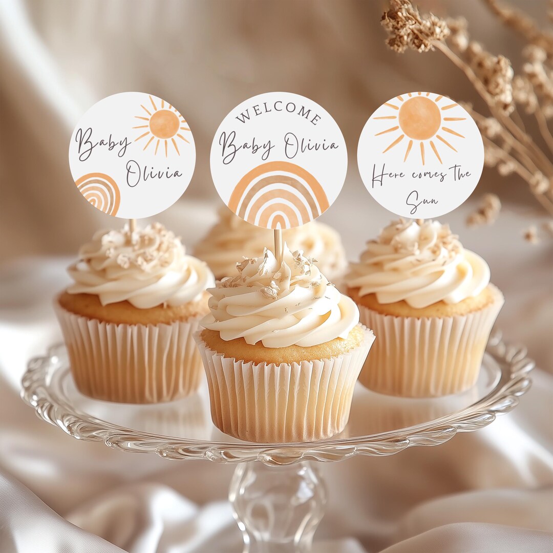 Editable Cupcake Topper Templates for Neutral Boho Baby Shower | Here ...