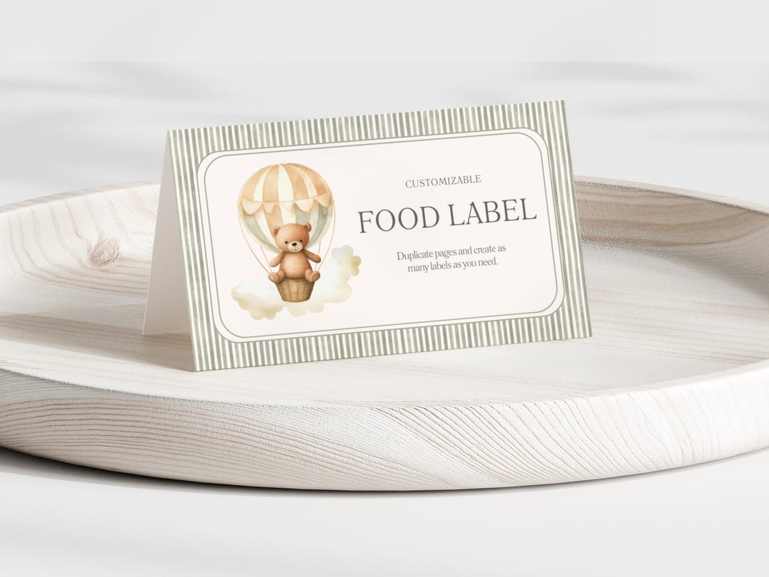 Digital Food Label Card Template | Watercolor Bear in Balloon Theme ...