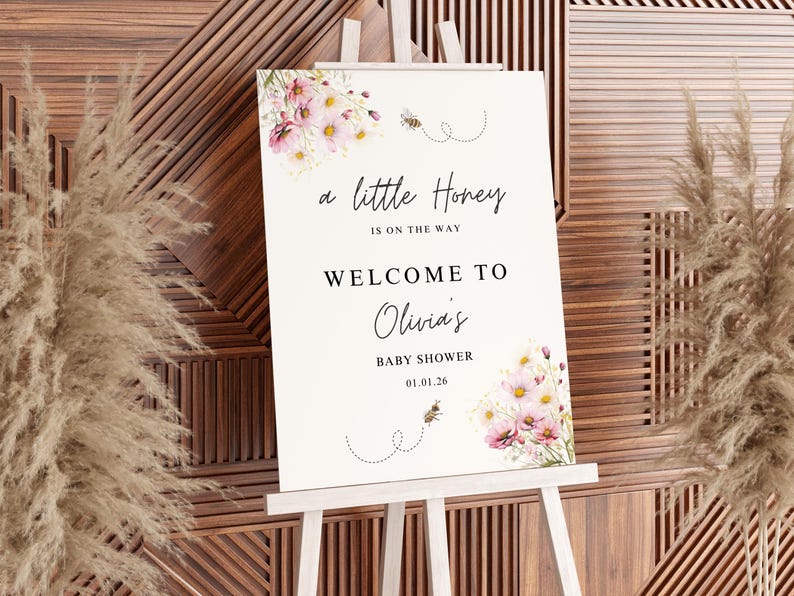 Floral Bee Baby Shower Welcome Sign: Editable Canva Template (digital ...