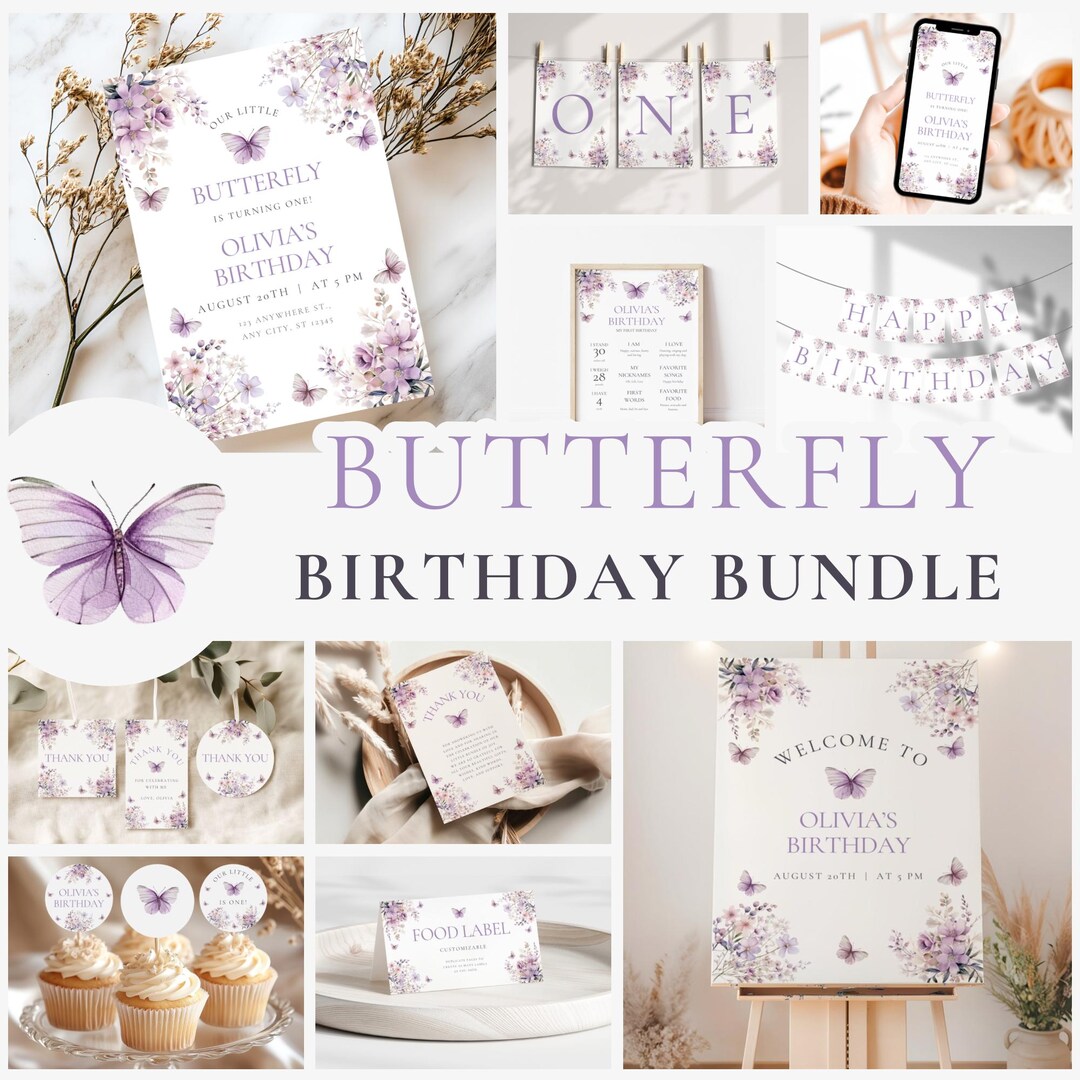 Purple Floral Butterfly Birthday Bundle | Editable Canva Template ...