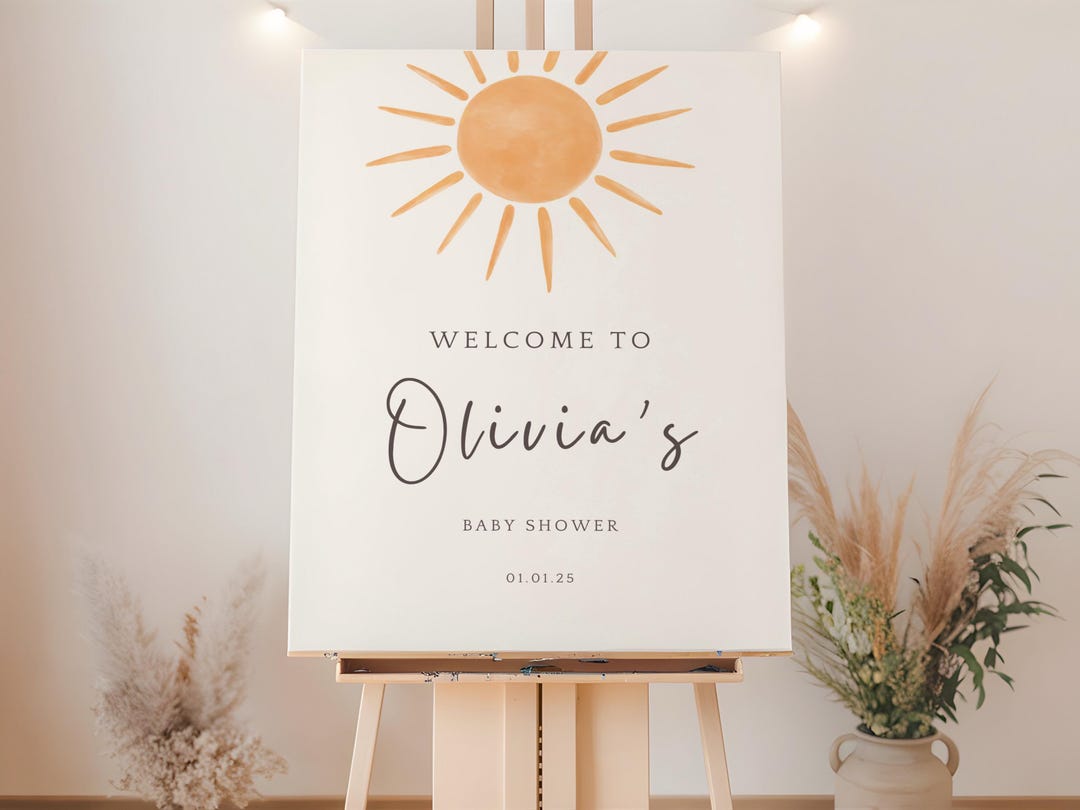 Boho Baby Shower Welcome Sign: Here Comes the Sun Theme (canva Template ...