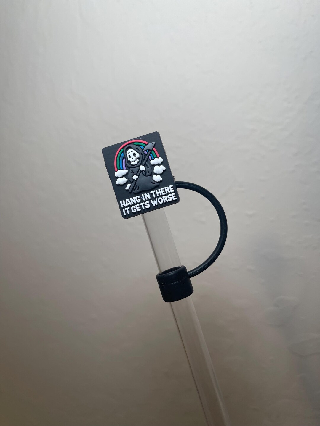 Hang in There It Gets Worse Skeleton Reaper PVC Straw Topper Straw ...