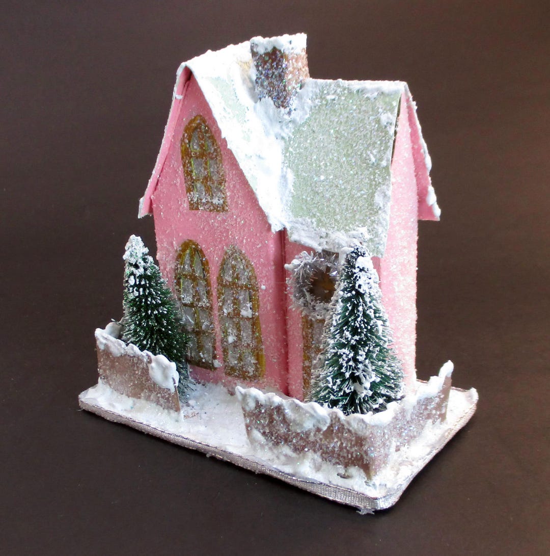 Putz House, Pink Glitter House, Vintage Style Christmas Ornament, 4 In ...