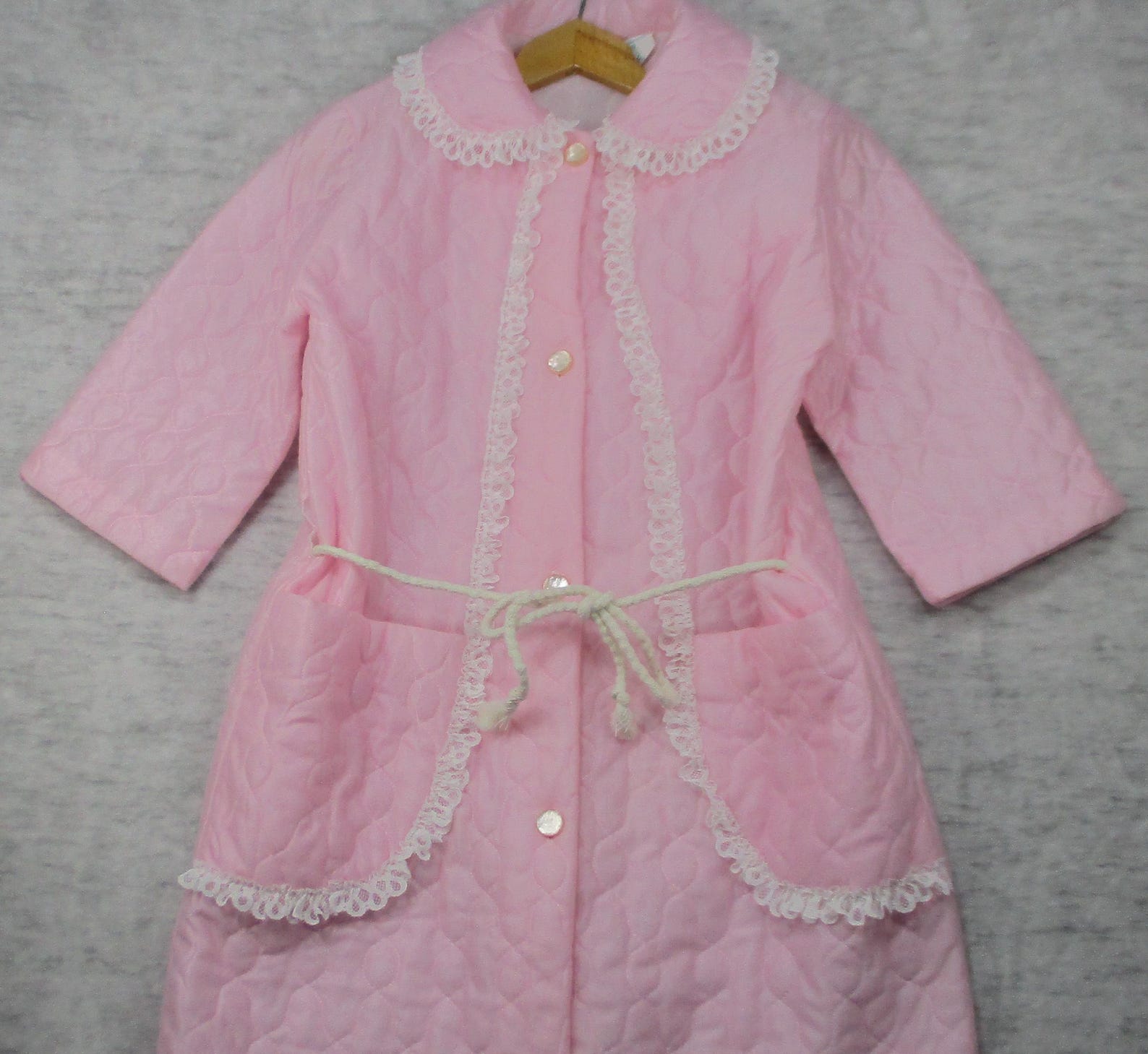70s Pink Quilted Nylon Housecoat, Lace Trims, 2 Front Pockets, SM, 3/4 ...